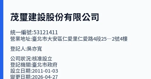 茂璽建設股份有限公司的照片-統編 53121411(臺北市) 公司登記資料與營業項目詳細圖表