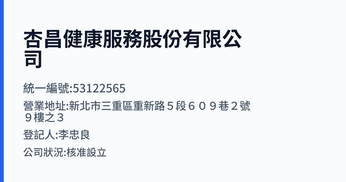 杏昌健康服務股份有限公司 - 統編 53122565(新北市) 公司登記資料與營業項目詳細圖表