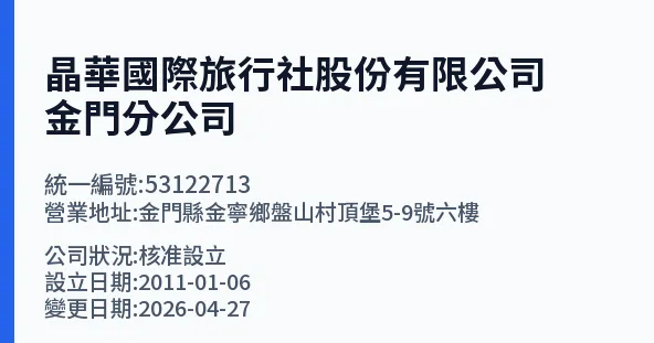 晶華國際旅行社股份有限公司金門分公司的照片-統編 53122713(金門縣) 公司登記資料與營業項目詳細圖表