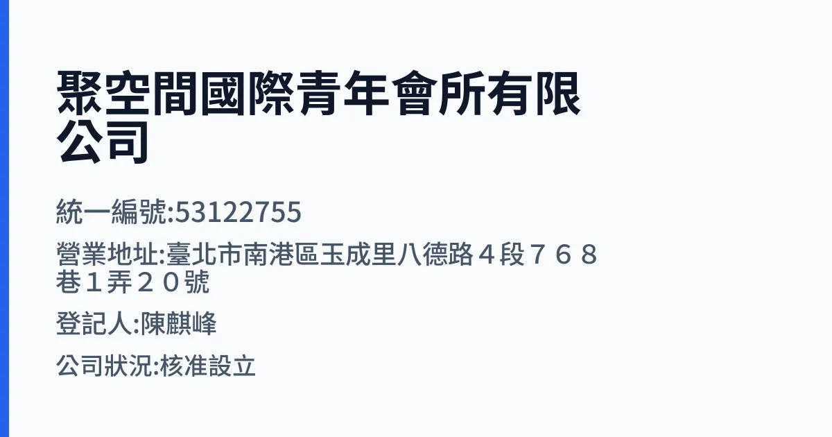 聚空間國際青年會所有限公司 - 統編 53122755(臺北市) 公司登記資料與營業項目詳細圖表