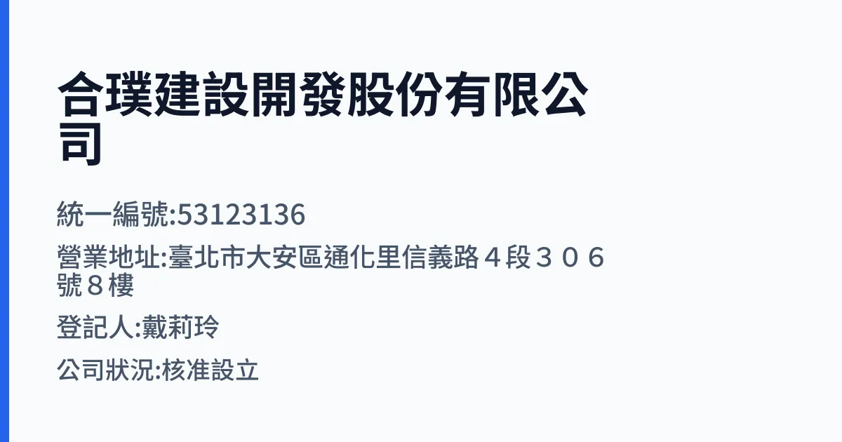 合璞建設開發股份有限公司 - 統編 53123136(臺北市) 公司登記資料與營業項目詳細圖表