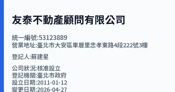 友泰不動產顧問有限公司的照片-統編 53123889(臺北市) 公司登記資料與營業項目詳細圖表