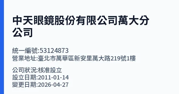 中天眼鏡股份有限公司萬大分公司的照片-統編 53124873(臺北市) 公司登記資料與營業項目詳細圖表