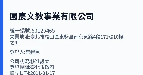 國宸文教事業有限公司的照片-統編 53125465(臺北市) 公司登記資料與營業項目詳細圖表