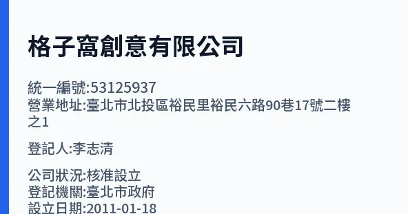 格子窩創意有限公司的照片-統編 53125937(臺北市) 公司登記資料與營業項目詳細圖表
