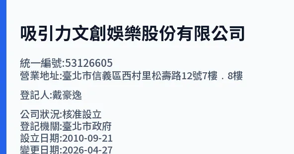 吸引力文創娛樂股份有限公司的照片-統編 53126605(臺北市) 公司登記資料與營業項目詳細圖表