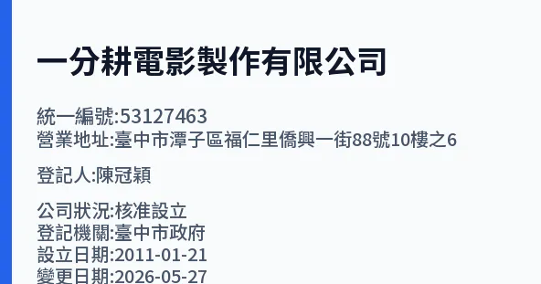 一分耕電影製作有限公司的照片-統編 53127463(臺中市) 公司登記資料與營業項目詳細圖表