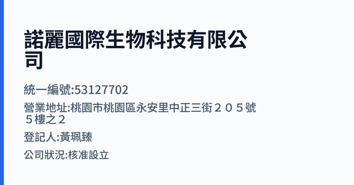諾麗國際生物科技有限公司 - 統編 53127702(桃園市) 公司登記資料與營業項目詳細圖表