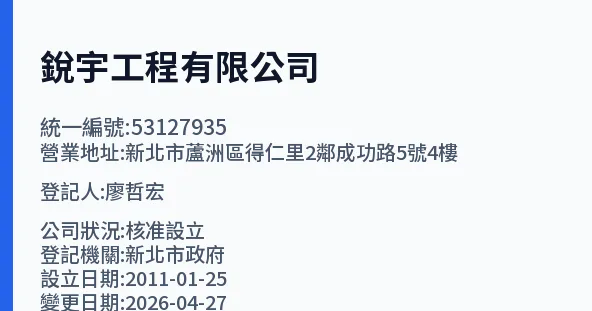 銳宇工程有限公司的照片-統編 53127935(新北市) 公司登記資料與營業項目詳細圖表