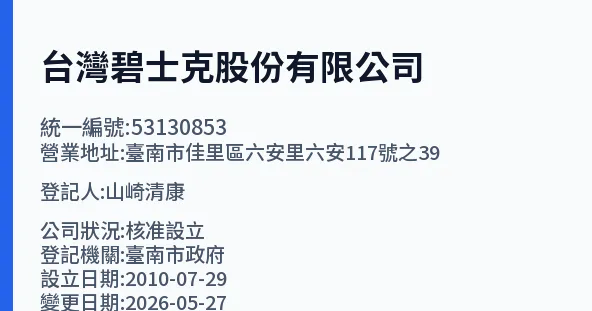 台灣碧士克股份有限公司的照片-統編 53130853(臺南市) 公司登記資料與營業項目詳細圖表