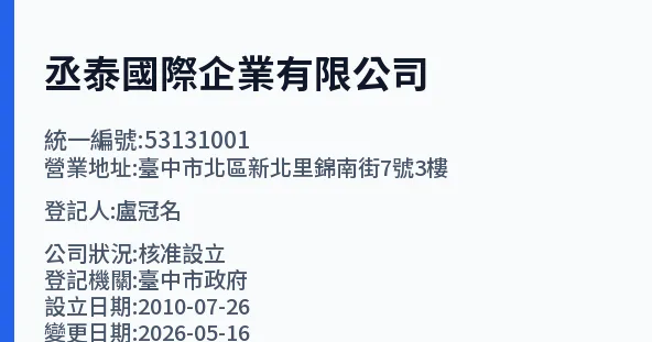 丞泰國際企業有限公司的照片-統編 53131001(臺中市) 公司登記資料與營業項目詳細圖表
