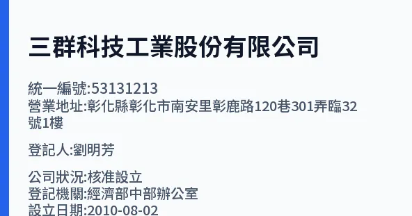三群科技工業股份有限公司的照片-統編 53131213(彰化縣) 公司登記資料與營業項目詳細圖表
