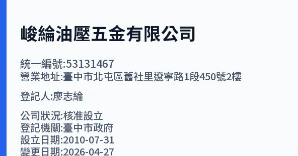 峻綸油壓五金有限公司的照片-統編 53131467(臺中市) 公司登記資料與營業項目詳細圖表