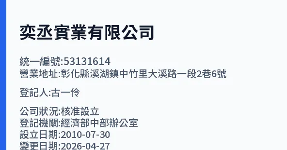 奕丞實業有限公司的照片-統編 53131614(彰化縣) 公司登記資料與營業項目詳細圖表