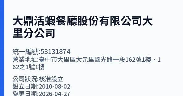 大鼎活蝦餐廳股份有限公司大里分公司的照片-統編 53131874(臺中市) 公司登記資料與營業項目詳細圖表