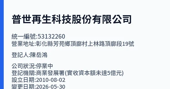 普世再生科技股份有限公司的照片-統編 53132260(彰化縣) 公司登記資料與營業項目詳細圖表