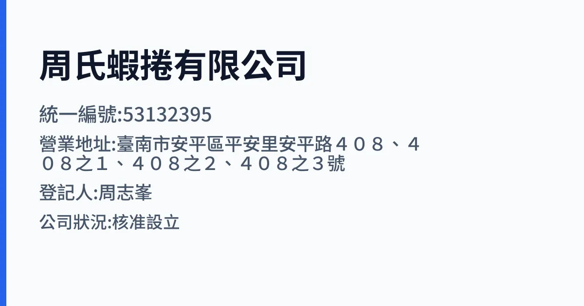 周氏蝦捲有限公司 - 統編 53132395(臺南市) 公司登記資料與營業項目詳細圖表