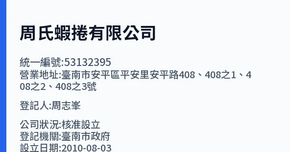 周氏蝦捲有限公司的照片-統編 53132395(臺南市) 公司登記資料與營業項目詳細圖表