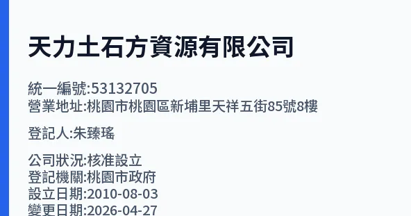 天力土石方資源有限公司的照片-統編 53132705(桃園市) 公司登記資料與營業項目詳細圖表