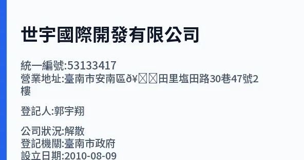 世宇國際開發有限公司的照片-統編 53133417(臺南市) 公司登記資料與營業項目詳細圖表