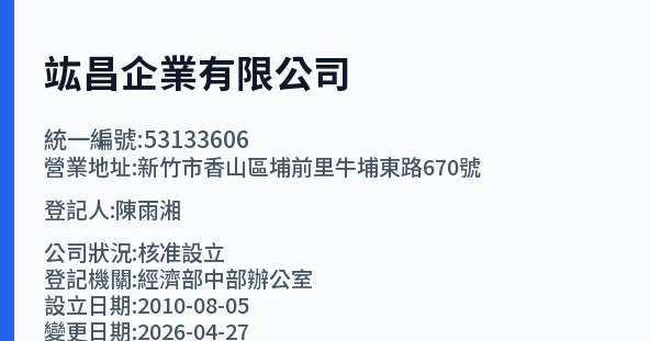 竑昌企業有限公司的照片-統編 53133606(新竹市) 公司登記資料與營業項目詳細圖表