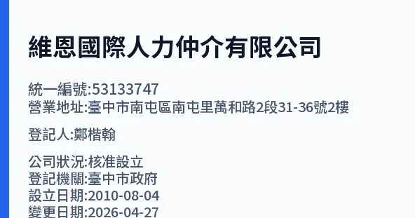維恩國際人力仲介有限公司的照片-統編 53133747(臺中市) 公司登記資料與營業項目詳細圖表