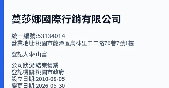 蔓莎娜國際行銷有限公司的照片-統編 53134014(桃園市) 公司登記資料與營業項目詳細圖表