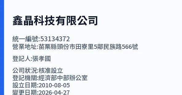 鑫晶科技有限公司的照片-統編 53134372(苗栗縣) 公司登記資料與營業項目詳細圖表