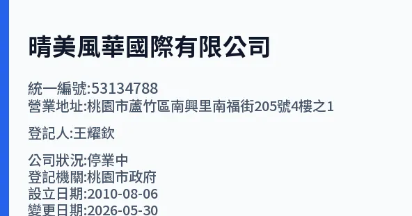 晴美風華國際有限公司的照片-統編 53134788(桃園市) 公司登記資料與營業項目詳細圖表