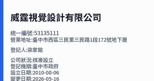 威霆視覺設計有限公司的照片-統編 53135111(臺中市) 公司登記資料與營業項目詳細圖表