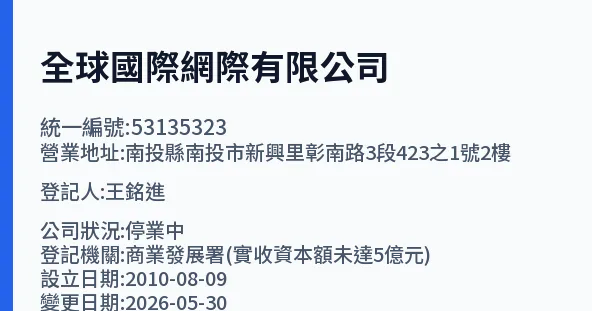 全球國際網際有限公司的照片-統編 53135323(南投縣) 公司登記資料與營業項目詳細圖表