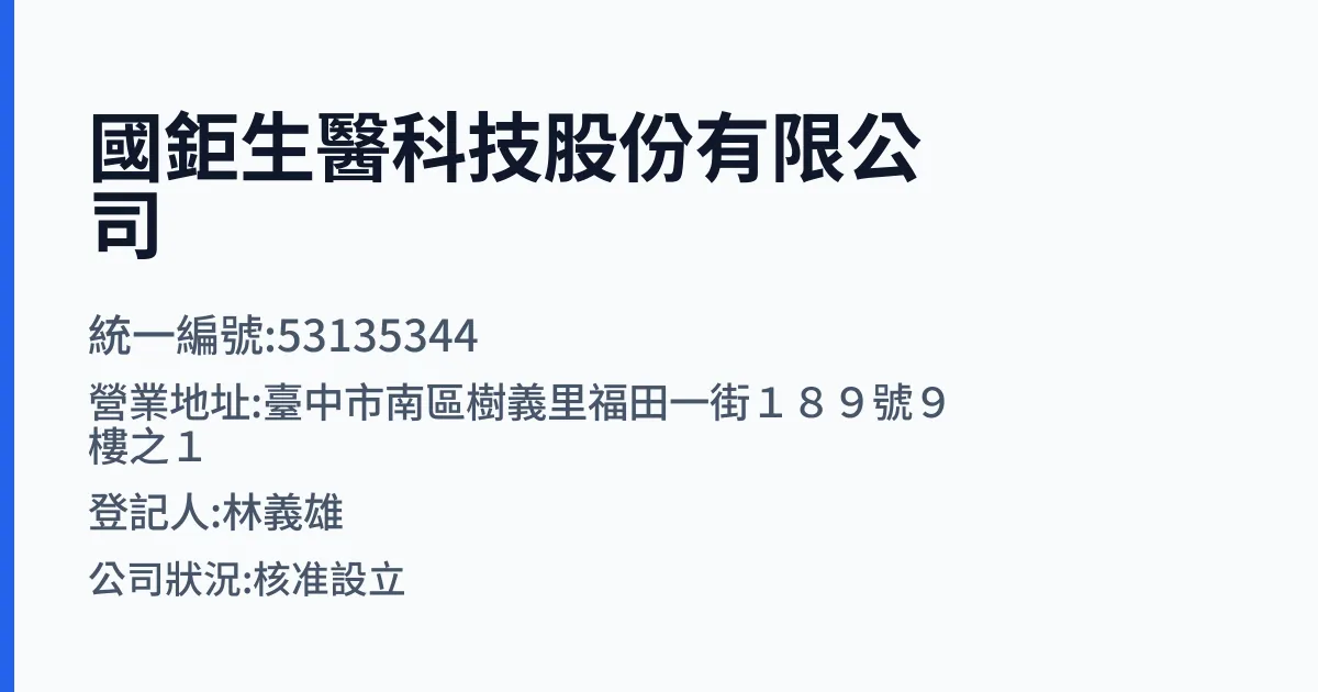 國鉅生醫科技股份有限公司 - 統編 53135344(臺中市) 公司登記資料與營業項目詳細圖表