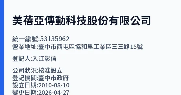 美蓓亞傳動科技股份有限公司的照片-統編 53135962(臺中市) 公司登記資料與營業項目詳細圖表