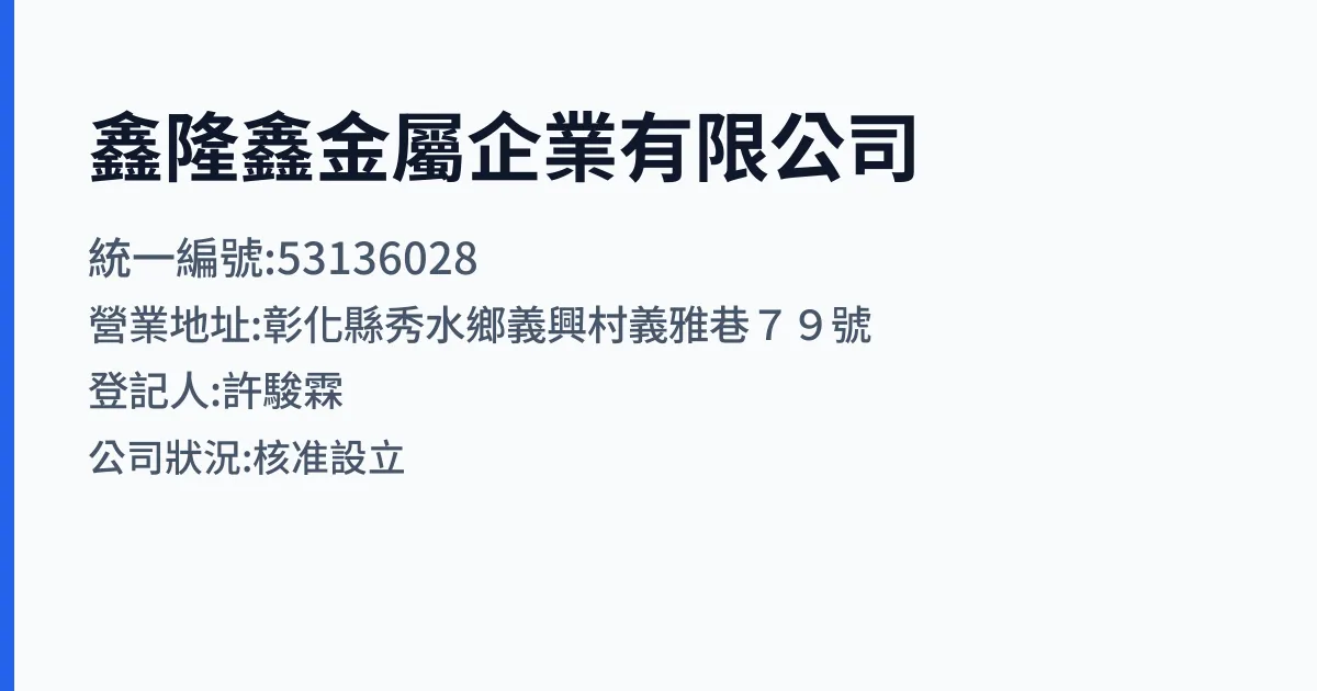 鑫隆鑫金屬企業有限公司 - 統編 53136028(彰化縣) 公司登記資料與營業項目詳細圖表