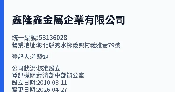 鑫隆鑫金屬企業有限公司的照片-統編 53136028(彰化縣) 公司登記資料與營業項目詳細圖表