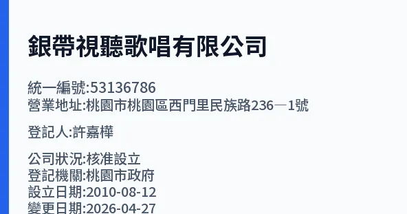 銀帶視聽歌唱有限公司的照片-統編 53136786(桃園市) 公司登記資料與營業項目詳細圖表