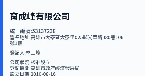 育成峰有限公司的照片-統編 53137238(高雄市) 公司登記資料與營業項目詳細圖表