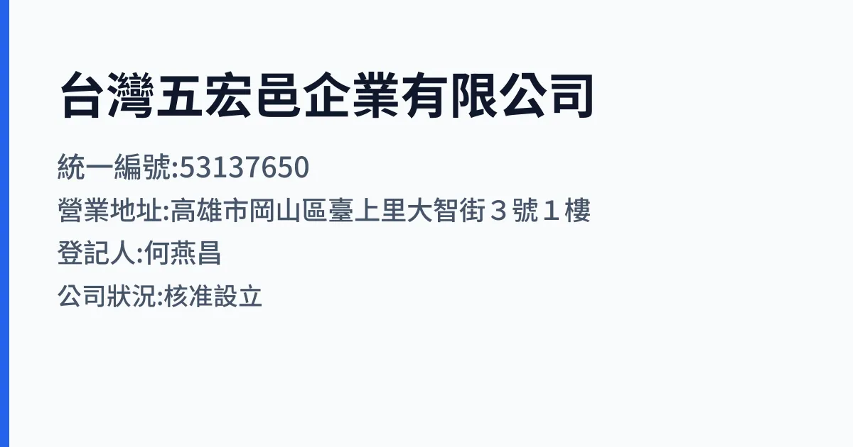 台灣五宏邑企業有限公司 - 統編 53137650(高雄市) 公司登記資料與營業項目詳細圖表