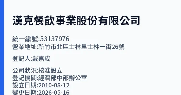 漢克餐飲事業股份有限公司的照片-統編 53137976(新竹市) 公司登記資料與營業項目詳細圖表