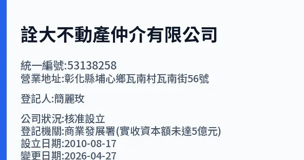 詮大不動產仲介有限公司的照片-統編 53138258(彰化縣) 公司登記資料與營業項目詳細圖表