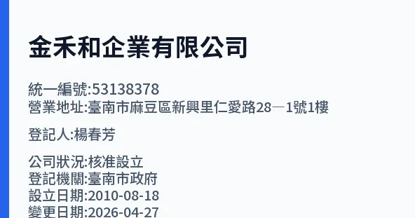金禾和企業有限公司的照片-統編 53138378(臺南市) 公司登記資料與營業項目詳細圖表