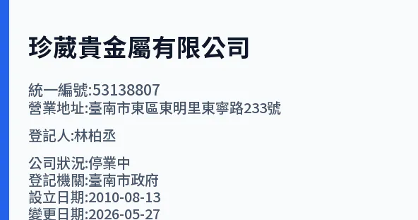 珍葳貴金屬有限公司的照片-統編 53138807(臺南市) 公司登記資料與營業項目詳細圖表