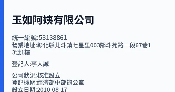 玉如阿姨有限公司的照片-統編 53138861(彰化縣) 公司登記資料與營業項目詳細圖表