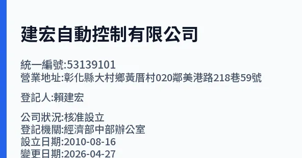 建宏自動控制有限公司的照片-統編 53139101(彰化縣) 公司登記資料與營業項目詳細圖表