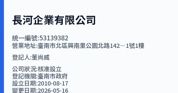 長河企業有限公司的照片-統編 53139382(臺南市) 公司登記資料與營業項目詳細圖表