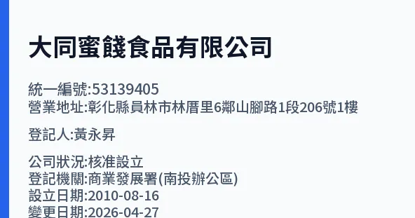 大同蜜餞食品有限公司的照片-統編 53139405(彰化縣) 公司登記資料與營業項目詳細圖表