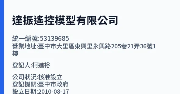 達振遙控模型有限公司的照片-統編 53139685(臺中市) 公司登記資料與營業項目詳細圖表
