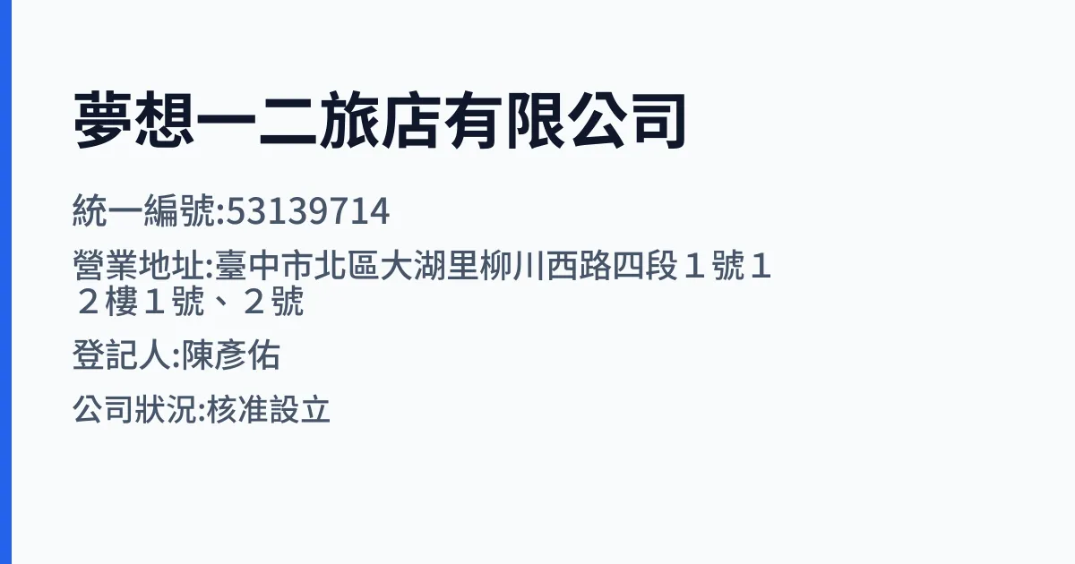 夢想一二旅店有限公司 - 統編 53139714(臺中市) 公司登記資料與營業項目詳細圖表