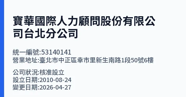 寶華國際人力顧問股份有限公司台北分公司的照片-統編 53140141(臺北市) 公司登記資料與營業項目詳細圖表