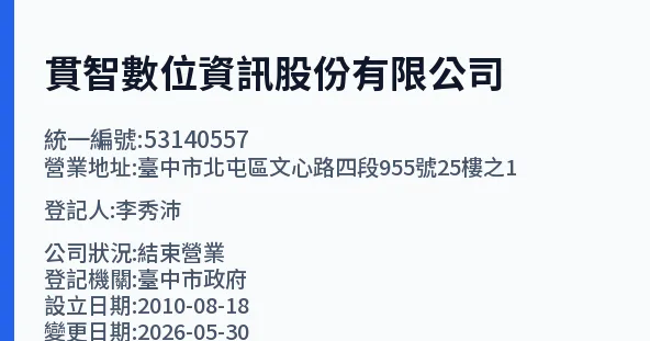 貫智數位資訊股份有限公司的照片-統編 53140557(臺中市) 公司登記資料與營業項目詳細圖表